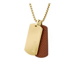 Kette mit Anh&auml;nger BOSS "DEVON", gelbgoldfarben, braun, Halsketten, Herren, Edelstahl Leder, L: 56 B: 2mm, Edelstahl, Leder, B:2mm