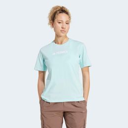 Funktionsshirt adidas terrex "CLASSIC LOGO", Damen, Gr. S, blau (semi flash aqua), Obermaterial: 100% Baumwolle, normal, Rundhals, Shirts Funktionsshirt, f&uuml;r Sportmode und Outdoormode, mit Kurzarmdesign, ohne Verschluss