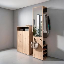 Garderoben-Set ByLiving "Lyon, platzsparender Garderobenschrank mit gro&szlig;em Spiegel", braun (artisan eiche), B:40cm H:185cm T:35cm, Holzwerkstoff, Melamin, Kastenm&ouml;bel-Sets, und Schuhkommode f&uuml;r bis zu 18 Paar Schuhe