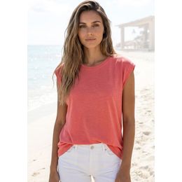 Beach Time Shirttop BEACHTIME "mit breiten Schultern", Damen, Gr. 32/34, rosa (koralle), Slub, Obermaterial: 95% Viskose (LENZING&trade; ECOVERO&trade;), 5% Elasthan, unifarben, Basic, bequem normal, Rundhals, Tops Shirttop, aus luftiger Viskose-Qualit&auml;t