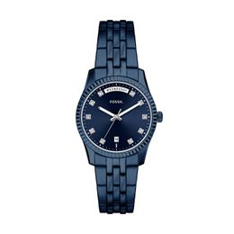 Quarzuhr Fossil "Scarlette", blau, Armbanduhren, Damen, Quarzuhr, Armbanduhr, Damenuhr, Edelstahlarmband, analog, Tag, Wochentag