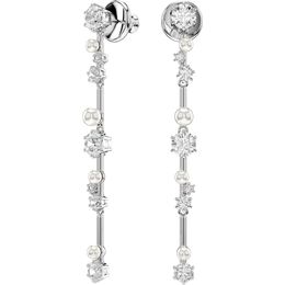 Paar Ohrstecker Swarovski "Schmuck Geschenk Constella Drop-Ohrh&auml;nger", silber (metallfarben, kristallwei&szlig;, wei&szlig;, kristallwei&szlig;), Ohrringe, Damen, Metall Perlen, Metall, Perlen, mit Swarovski Zirkonia (synth.) - mit Swarovski Perle