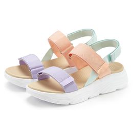 Sandale Vivance "Sandalette, Pantolette, Sommerschuhe, Riemchensandale", Damen, Gr. 36, bunt (lila, orange, mintgr&uuml;n), Obermaterial: 100% Textilmaterial. Decksohle: 100% Synthetik. Futter: 100% Textilmaterial. Laufsohle: 100% Synthetik, mehrfarbig, Basic, Schuhe Sandale, NEU mit bunten Riemchen und Klettverschluss VEGAN