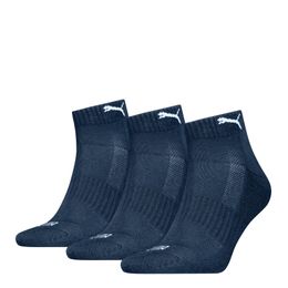 Kurzsocken Puma "Puma UNISEX CUSHIONED QUARTER 3P", Damen, Gr. 39-42, blau (navy), Baumwollmischung, Elasthan, Polyamid, normal, Socken, mit eingestricktem Logo im Bund