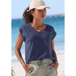 Beach Time V-Shirt BEACHTIME "aus leichter Strukturware mit Effektgarn", Damen, Gr. 32/34, blau (rauchblau), Jersey, Obermaterial: 68% Baumwolle, 32% Polyester, unifarben, figurumspielend h&uuml;ftlang, V-Ausschnitt, Shirts, luftiges Sommershirt, T-Shirt mit V-Ausschnitt, Strandshirt, casual
