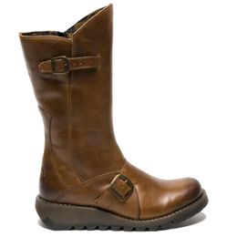 Fly London Damen MES 2 Plateaustiefel mit Keilabsatz, Schnalle, halbhoher Schaft, Leder, Rei&szlig;verschluss, Kamel