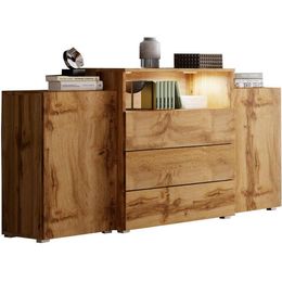 P & B Sideboard Urban, Eiche Wotan, Kunststoff, 2 F&auml;cher, 3 Schublade(n) Schubladen, kaltwei&szlig;, 150x80.7x39 cm, Fsc, stehend, Beleuchtung, Wohnzimmer, Kommoden & Sideboards, Sideboards