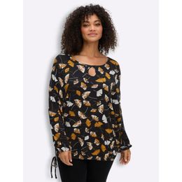 sheego Gro&szlig;e Gr&ouml;&szlig;en Langarmshirt mit Ginkgo-Dessin, schwarz-ocker-bedruckt, Gr&ouml;&szlig;e 50 - Damen