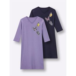 sheego Gro&szlig;e Gr&ouml;&szlig;en Nachthemden mit platziertem Druck, reine Baumwolle, marine + lavendel, Gr&ouml;&szlig;e 44/46 - Damen