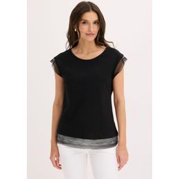 T-Shirt bonprix, Damen, Gr. 40/42 (M), schwarz, Jersey, Obermaterial: 100% Baumwolle, unifarben, bequem h&uuml;ftbedeckend, Rundhals, angeschnitten Spitzenkante, Shirts T-Shirt, bequeme Passform, &uuml;berschnittene Schultern, mit Spitzendetails