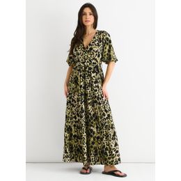 Gr&uuml;nes Skater-Maxikleid mit Tiermotiv in Wickeloptik