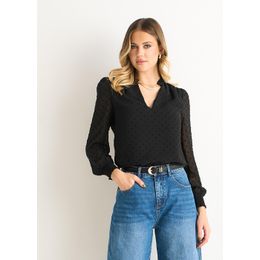 Schwarze Dobby Chiffon Bluse mit R&uuml;schenausschnitt