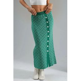 Hoch taillierter geometrischer Strick-Maxi-Rock mit Knopfverschluss