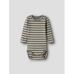 Langarmbody name it "NBNBANIO LS BODY NOOS", Jungen, Gr. 56, N-Gr, gr&uuml;n (dusty olive stripes:pure cashmere), Jersey, Obermaterial: 57% Baumwolle, 38% Modal, 5% Elasthan, gestreift, Rundhals, Bodys, Baumwollmischung