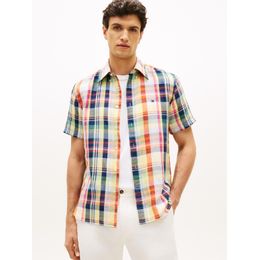 Kurzarmhemd Tommy Hilfiger "LINEN BLEND CHECK PLAID", Herren, Gr. L (52), N-Gr, brilliant orange, check, Web, Obermaterial: 52% Baumwolle, 48% Leinen, regular fit normal, Hemden, regular fit, Button-down-Kragen