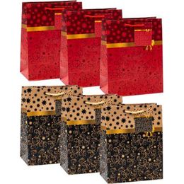 TSI Geschenkt&uuml;ten Set Serie 9, 6-teilig, 3 x Motiv &bdquo;schwarz/gold mit Schleife&ldquo;/3 x Motiv &bdquo;rot/gold mit Schleife&ldquo;, PP-Folie, gold-rot-schwarz