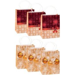 TSI Geschenkt&uuml;ten Set Serie 4, 3 x Motiv &bdquo;Schneeflocken und Weihnachtskugeln&ldquo;/3 x Motiv Schneeflocken mit roter Schleife&ldquo;, Kraftpapier, farbsortiert
