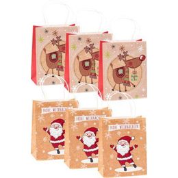 TSI Geschenkt&uuml;ten Set Serie 1.6, 6-teilig, 3 x Motiv &bdquo;Nikolaus - Frohe Weihnachten&ldquo;/3 x Motiv &bdquo;Rentier&ldquo;, Kraftpapier, braun