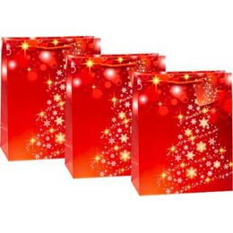 TSI Geschenkt&uuml;ten Set Serie 10, 3-teilig, 3 x Motiv &bdquo;Sterne und Schneeflocken&ldquo;, B 260 x T 135 x H 320 mm, PP-Folie, gold-rot