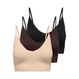 Bustier Only "ONLVICKY RIB S-L V-NECK 3-PACK TOP NOOS", Damen, Gr. XS, N-Gr, schwarz (schwarz pack:schwarz, seal braun, peach taffy), Jersey, Obermaterial: 90% Polyamid, 10% Elasthan, unifarben, figurbetont, BHs Bustier, figurbetont, modisch, Materialmix, Jersey, Spaghettitr&auml;ger