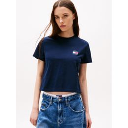 Kurzarmshirt Tommy Jeans "TJW REG SH TOMMY US FLAG SS TEE", Damen, Gr. L (40), blau (schwarz night navy), Single Jersey, Obermaterial: 100% Baumwolle, bedruckt, taillenlang, Rundhals, Shirts