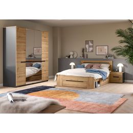 Schlafzimmer-Set Home Affaire "REHAT, 4-teilig, best. aus: Bett, Kleiderschrank & 2x Nachtkommode", braun (eiche artisan, grau), B/H: 140cm x 200cm, Schlafzimmerm&ouml;bel-Sets