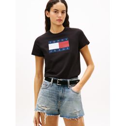 Kurzarmshirt Tommy Jeans "TJW REG TJ FLAG SS TEE", Damen, Gr. M (38), schwarz, Single Jersey, Obermaterial: 100% Baumwolle, unifarben, regular fit normal, Rundhals, Shirts, Baumwolle, Logodruck, regular fit