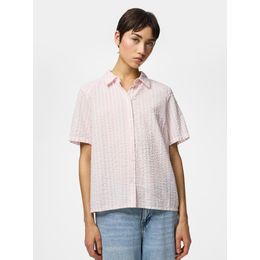 Hemdbluse Pieces "PCSTINNA SS SHIRT WVN NOOS BC", Damen, Gr. XL, roseate spoonbill stripes:hellwei&szlig;, Web, Obermaterial: 100% Baumwolle, gestreift, bequem normal, Blusen Hemdbluse, mit Streifenmuster