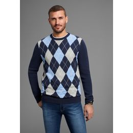Rundhalspullover DELMAO "Trendiger Style ", Herren, Gr. L (52/54), blau (marine, hellgrau), Strick, Obermaterial: 50% Baumwolle, 50% Polyacryl, Rautenmuster, Basic schmal, Rundhals, Rippb&uuml;ndchen, Pullover Rundhalspullover, Feinstrick mit Rautenmuster, ideal f&uuml;r die &Uuml;bergangszeit