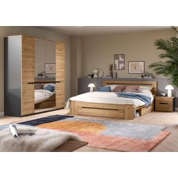 Schlafzimmer-Set Home Affaire "REHAT, 4-teilig, best. aus: Bett, Kleiderschrank & 2x Nachtkommode", braun (eiche artisan, grau), B/H: 180cm x 200cm, Schlafzimmerm&ouml;bel-Sets