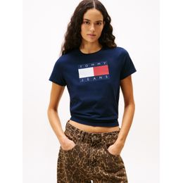Kurzarmshirt Tommy Jeans "TJW REG TJ FLAG SS TEE", Damen, Gr. L (40), blau (schwarz night navy), Single Jersey, Obermaterial: 100% Baumwolle, bedruckt, regular fit normal, Rundhals, Shirts, Baumwolle, Logodruck, regular fit