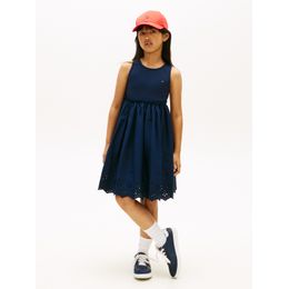 A-Linien-Kleid Tommy Hilfiger "BRODERIE ANGLAISE COMBI DRESS", M&auml;dchen, Gr. 10 (140), N-Gr, schwarz night navy, Web, Obermaterial: 100% Baumwolle, unifarben, regular fit knielang, Rundhals, Kleider, Kinder bis 16 Jahre, knielang, mit Lochstickerei