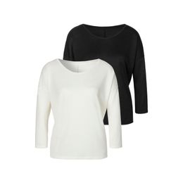 3/4-Arm-Shirt Lascana "aus feinem Strick", Damen, Gr. 32/34, beige (creme, schwarz), Obermaterial: 55% Polyester, 42% Viskose, 3% Elasthan, unifarben, bequem, Rundhals, Shirts 3/4-Arm-Shirt, aus pflegeleichter Qualit&auml;t mit Viskose