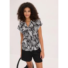 Henleyshirt bonprix, Damen, Gr. 36/38 (S), schwarz, wollwei&szlig; bedruckt, Obermaterial: 95% Viskose, 5% Elasthan, l&auml;ssig geschnitten, Shirts, aus Viskose und Elasthan, mit V-Ausschnitt, Kurzarm-Design