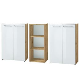 KADIMA DESIGN B&Uuml;RO-SET MUENCHEN 3-teilig | 2 Kommode x Regal | Glas Front & Abschlie&szlig;bar | Chalet-Eiche-Nb./Wei&szlig;