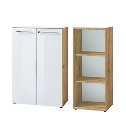 KADIMA DESIGN B&Uuml;RO-SET MUENCHEN 2-teilig | Kommode x Regal | Glas Front & Abschlie&szlig;bar | Chalet-Eiche-Nb./Wei&szlig;