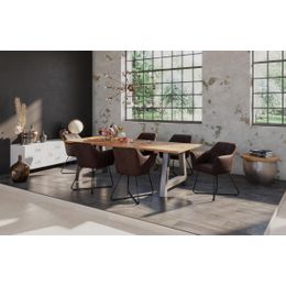 Essgruppe 200 cm Mango naturfarben A-Gestell silber mit 6 St&uuml;hlen DORA