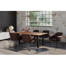 Essgruppe 160 cm Mango naturfarben V-Gestell schwarz mit 6 St&uuml;hlen DORA
