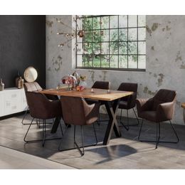 Essgruppe 160 cm Mango naturfarben X-Gestell schwarz mit 6 St&uuml;hlen DORA