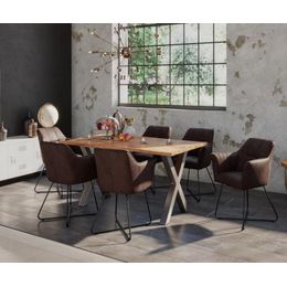 Essgruppe 160 cm Mango naturfarben X-Gestell silber mit 6 St&uuml;hlen DORA