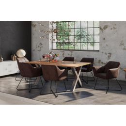 Essgruppe 140 cm Mango naturfarben X-Gestell silber mit 6 St&uuml;hlen DORA