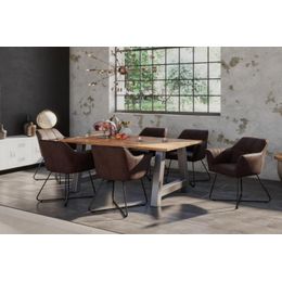 Essgruppe 160 cm Mango naturfarben A-Gestell silber mit 6 St&uuml;hlen DORA
