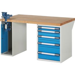 eurokraft pro Werkbank, Baukastensystem Serie 7000, 5 Schubladen, 1 Schraubstock (Klapp-Lift) linksseitig, BxT 1500 x 900 mm