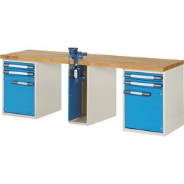 eurokraft pro Werkbank, Baukastensystem Serie 7000, 2 Standcontainer mit je 2 Schubladen + T&uuml;ren, 1 Schraubstock-Container (Klapp-Lift) mittig, BxT