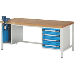 eurokraft pro Werkbank, Gestellbauweise Serie 8000, 4 Schubladen: 2 x 120, 2 x 150 mm, 1 Schraubstock (Klapp-Lift), BxT 2000 x 900 mm