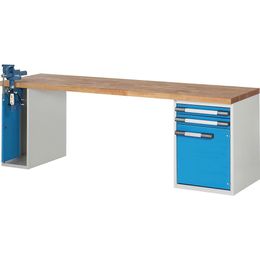 eurokraft pro Werkbank, Baukastensystem Serie 7000, 2 Schubladen, 1 T&uuml;r, 1 Schraubstock (Klapp-Lift) linksseitig, BxT 2500 x 700 mm