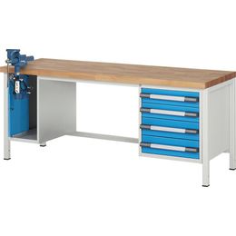 eurokraft pro Werkbank, Gestellbauweise Serie 8000, 4 Schubladen: 2 x 120, 2 x 150 mm, 1 Schraubstock (Klapp-Lift), BxT 2000 x 700 mm
