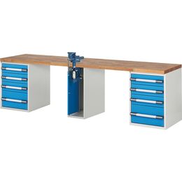 eurokraft pro Werkbank, Baukastensystem Serie 7000, 8 Schubladen, 1 Schraubstock (Klapp-Lift) mittig, BxT 3000 x 700 mm