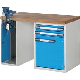 eurokraft pro Werkbank, Baukastensystem Serie 7000, 2 Schubladen, 1 T&uuml;r, 1 Schraubstock (Klapp-Lift) linksseitig, BxT 1250 x 700 mm