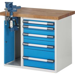 eurokraft pro Werkbank, Baukastensystem Serie 7000, 5 Schubladen, 1 Schraubstock (Klapp-Lift) linksseitig, BxT 1000 x 700 mm